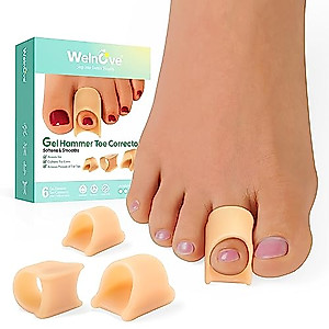 Welnove Hammertoe Corrector - 6 Pack Toe Splints - Soft Gel Toe Straighteners - Realign Bent, Curled, Crooked, Claw, Hammer Toes - Toe Corrector for Men and Women, 3 Different Sizes (Beige)