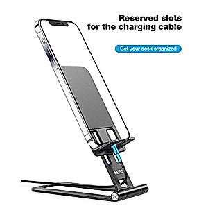 MEISO Cell Phone Stand, Fully Foldable Phone Holder for Desk, Desktop Mobile Phone Cradle Dock Compatible with iPhone, Samsung Galaxy, iPad Mini, Tablets Up to 10” (Black)