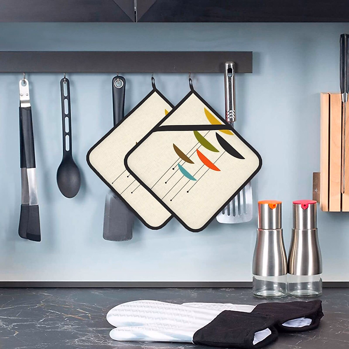 Pot Holders 2pcs Set, Kitchen Oven Glove High Heat Resistant 500 Degree Oven Mitts and Potholder with Non-Slip Silicone Surface for Baking,Cooking,BBQ - mid Century Modern Prints