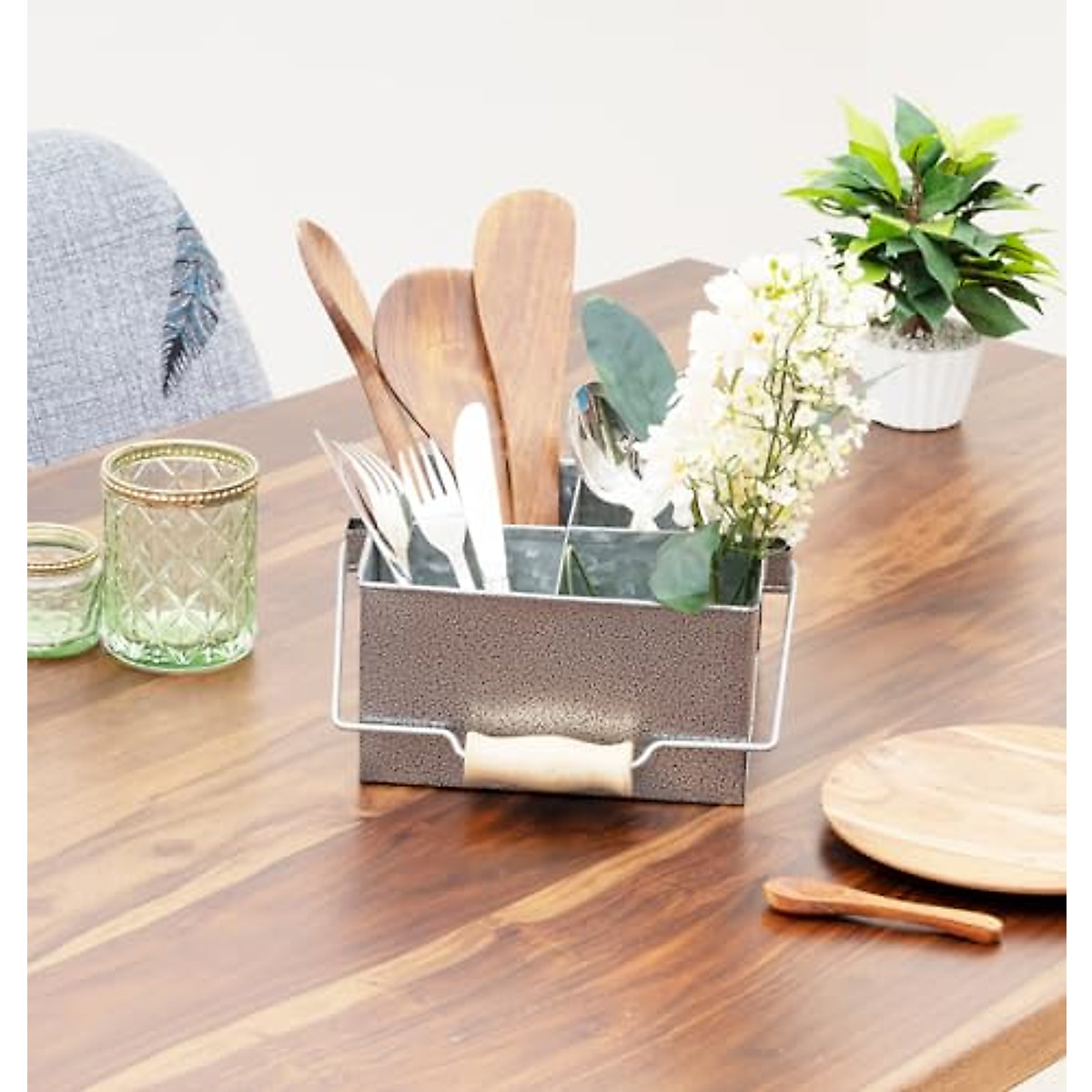 THE ARTIQUE Handmade Farmhouse Galvanized Metal Condiments Square Caddy with Silver Texture and Foldable Handle for KItchen Utenlsils, Dinning Table, Silverware, Picnic, Party Etc-SILVER ANTIQUE