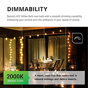 Sunco LED Bug Light Bulbs Outdoor A15 Yellow Bug Repellent Porch Light 8W Dimmable 2000K Amber Glow, E26 Medium Base, Instant On, Flicker Free, UL Listed 6 Pack