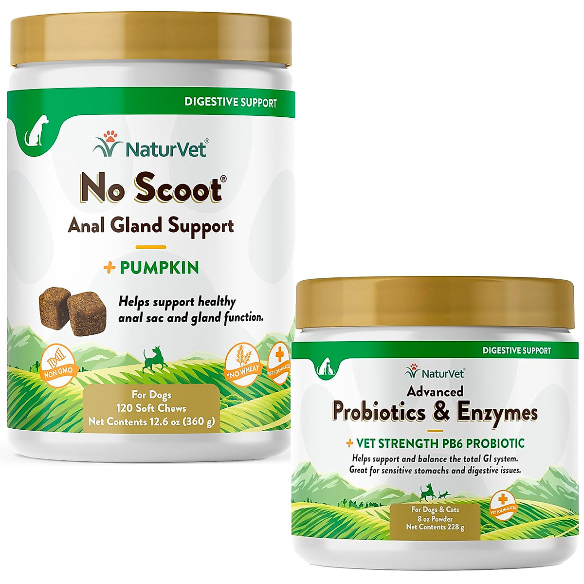 NaturVet – Advanced Probiotics & Enzymes|Supports and Balances Pets with Sensitive Stomachs & Digestive Issues 8 oz & No Scoot for Dogs - 120 Soft Chews - Supports Healthy Anal Gland & Bowel Function