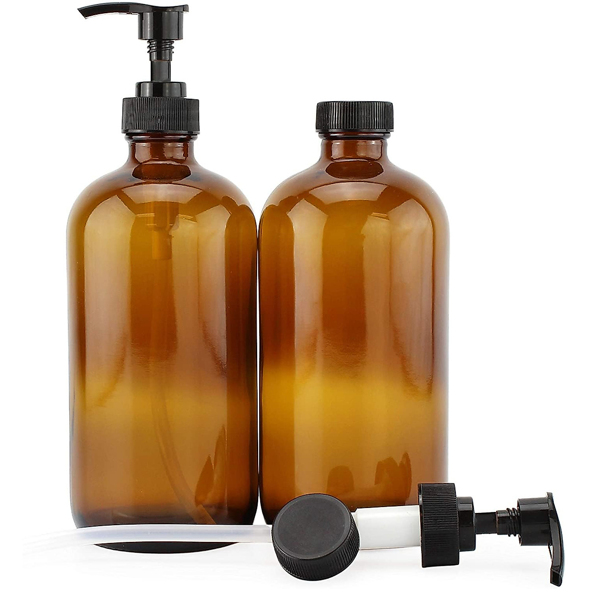 Cornucopia 16oz Amber Glass Bottles w/Pump Dispensers (2-Pack); Refillable Lotion Liquid Soap Pump Brown Bottles + Chalk Labels & Lids, BPA-Free Plastic Tops