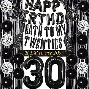 30th Birthday Decorations for Him Her Black Death to My Twenties Banner, Rip to My 20s Sash, Number 30 Balloon, Happy Birthday Balloon Banner, Foil Curtain for Funny Thirtieth Birthday Party Supplies