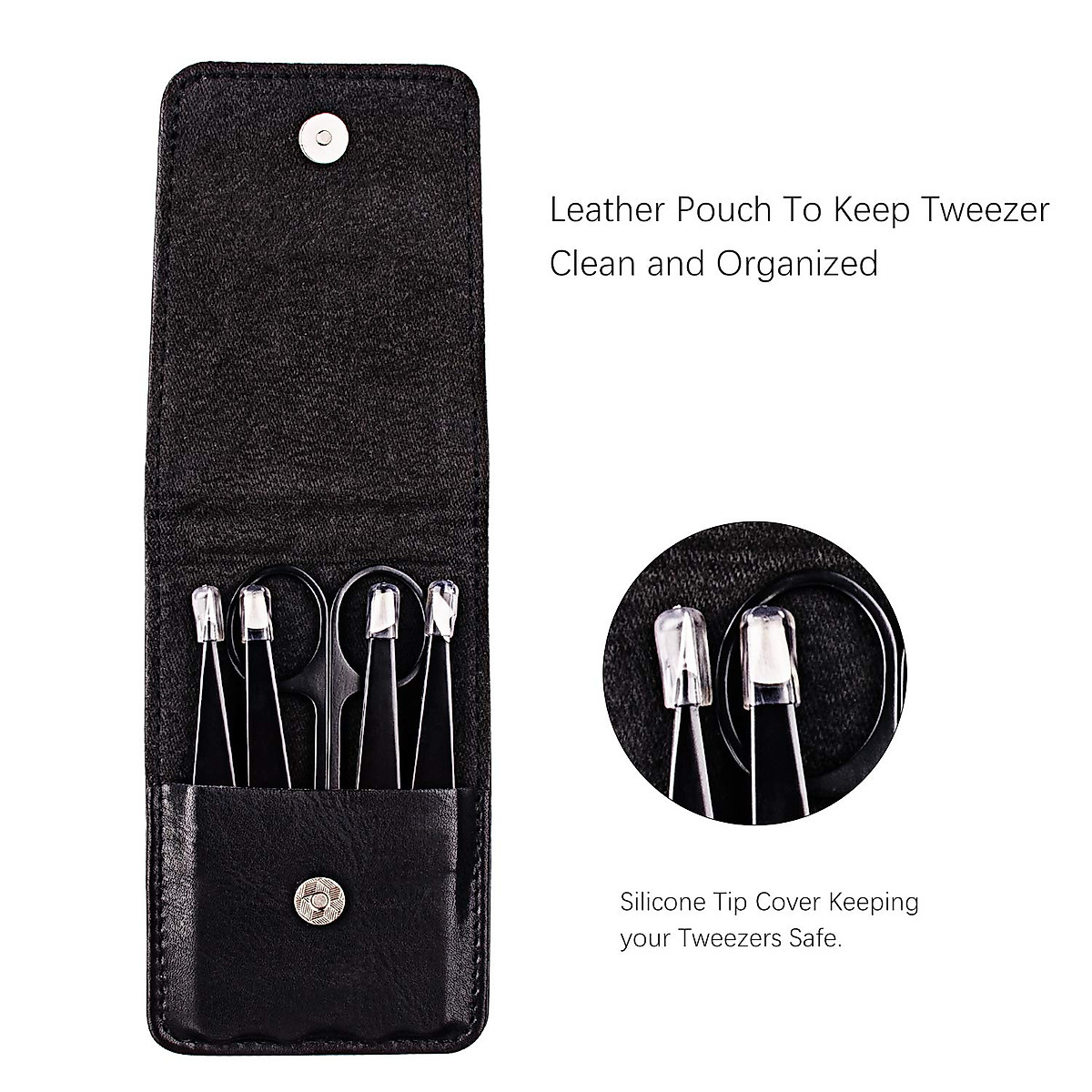 FIXBODY Tweezers Set 5-Piece - Professional Stainless Steel Tweezers with Curved Scissors, Best Precision Tweezer for Eyebrows, Splinter & Ingrown Hair Removal with Leather Travel Case