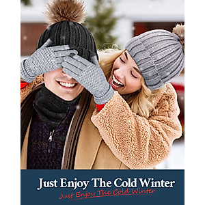 9 Pcs Winter Knitted Hat Scarf Gloves Set Warm Beanie Hat with Faux Fur Pom Fleece Lining Neck Warmer Touchscreen Gloves for Women, Men