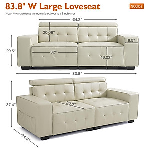 RESTREAL 83.8” Leather Sofa Couches for Living Room, Modern 3 Seater Comfy Sofa, Loveseat Sofa with Wide Armrest, Adjustable Backrest, Small Couches for Small Spaces, Apartment, Office (Beige)