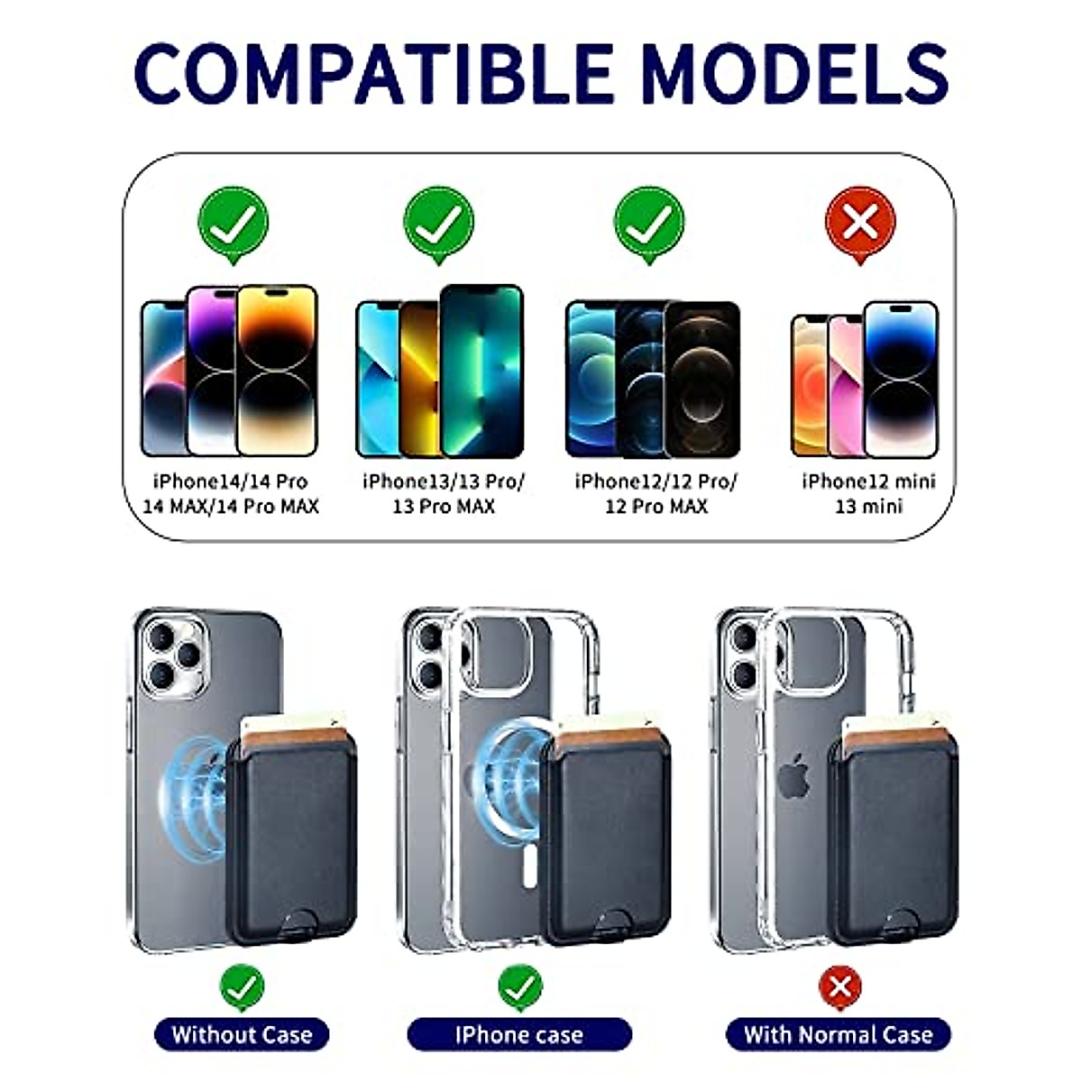 H JIDOHUN Magnetic Wallet Card Holder with Adjustable Stand for iPhone 15/14/13/12 Series, Not for iPhone 13/12 mini - 3 Card Holder, Vegan Leather (Blue)