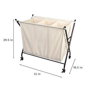 Smart Design Premium 3 Compartment Rolling Canvas Laundry Sorter Hamper with Wheels and Handles - Natural