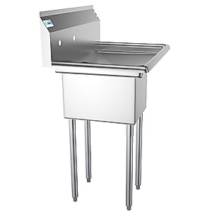 KoolMore 1 Compartment Stainless Steel NSF Commercial Kitchen Prep & Utility Sink with Drainboard - Bowl Size 12" x 16" x 10", Silver