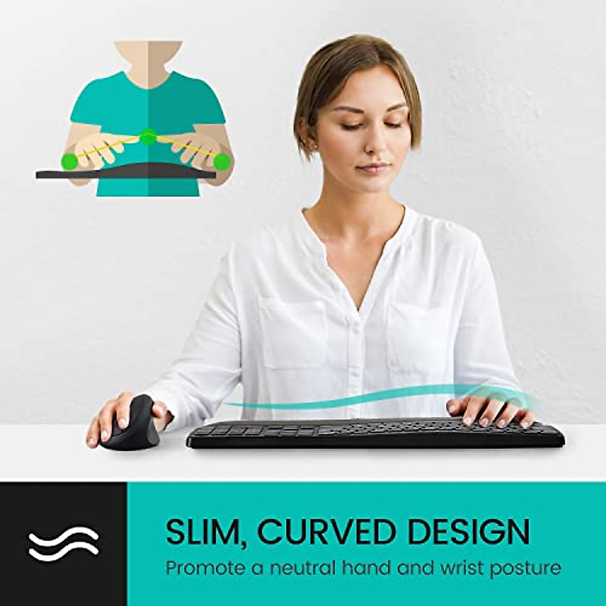 Perixx PERIBOARD-813B Bluetooth Ergonomic Keyboard - Laptop Scissor Keys - Curved Ergo-Lite Design - Detachable Soft Wrist Rest - USB-C Rechargeable - Black - US English (11976)