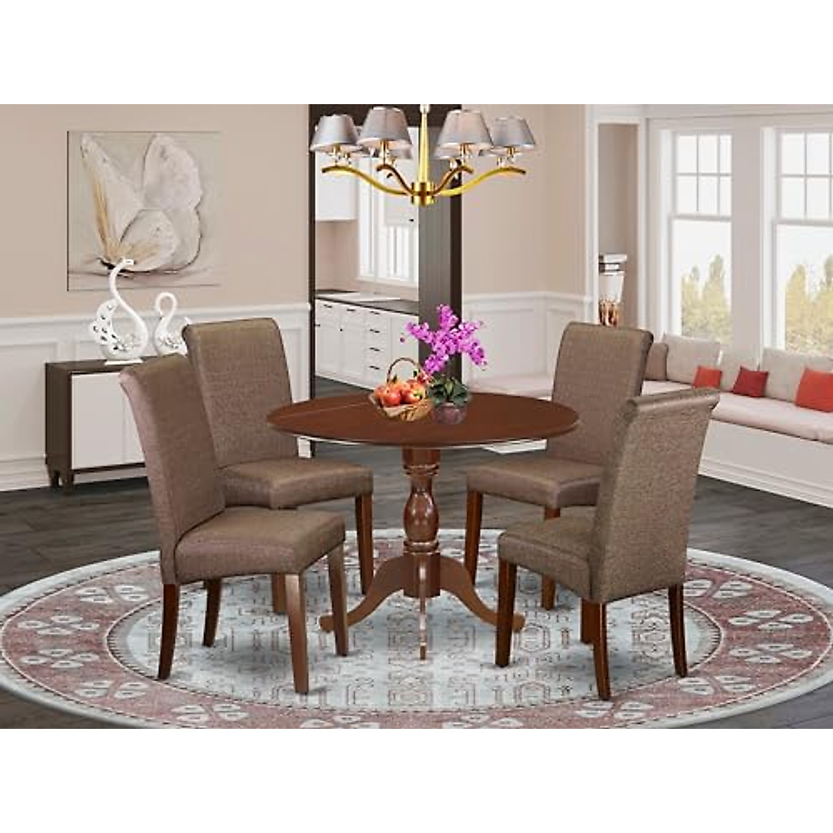 East West Furniture DMBA5-MAH-18 5 Piece Dining Room Furniture Set Includes a Round Dining Table with Dropleaf and 4 Brown Linen Linen Fabric Upholstered Chairs, 42x42 Inch, Mahogany