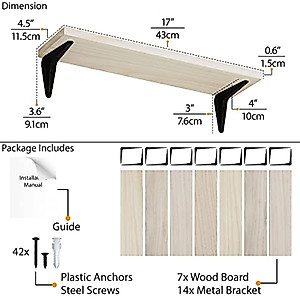 Wallniture Arras 17" Floating Shelves for Storage, Bookshelf Living Room Decor, Dining Room & Kitchen Shelves, Wall Shelves for Bedroom and Office Set of 7, Natural, Wood