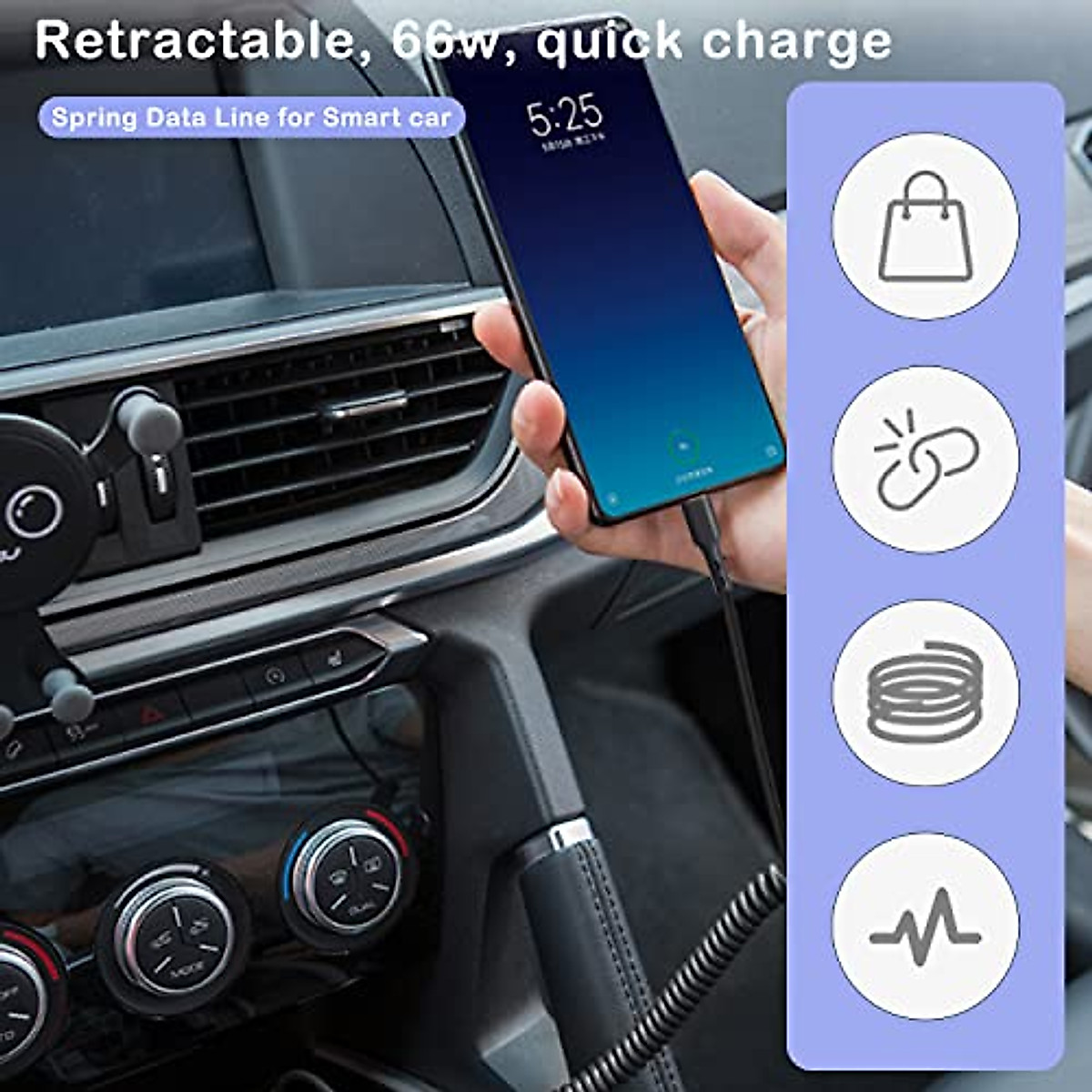 GELRHONR Retractable USB Type C Cable,Coiled USB A to USB C (3A 60W) Fast Charging and Data Cable for S10,S20,S22,Note 10 9, Pixel 4XL,Switch,OnePlus 5,Other USB C Device - Black/(Max 1.5M/4.9Ft)