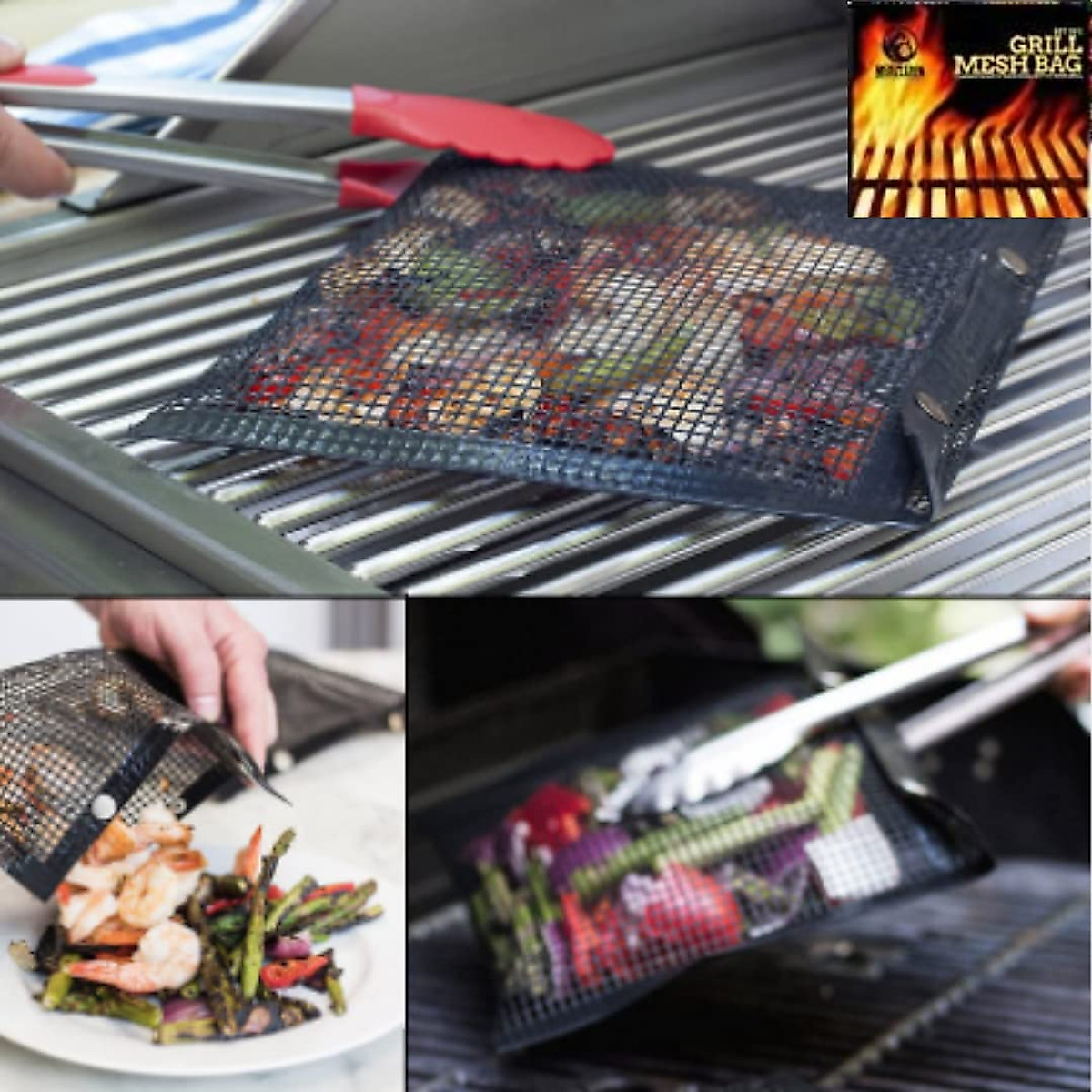 Grill Mesh BBQ Bags LARGE and MEDUIM - Reusable, Non-Stick Barbecue Grilling Pouches - Heat-Resistant, Easy to Clean Accessories - Ideal for Outdoor Electric, Gas, Charcoal Grills | Set of 2