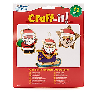 Baker Ross AX420 Jolly Santa Wooden Decorations - Pack of 12, Christmas Decorations for Kids to Decorate and Display, Ideal Kids Arts and Crafts Project