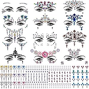 SIQUK 17 Sheet Face Sticker Jewels Eyes Jewel Set with 12 Sheet Mermaid Face Jewels Glitter Face Gems Rhinestone Face Crystal and 5 Sheet Eye Face Body Gems Crystal Tears Jewel for Festival Party