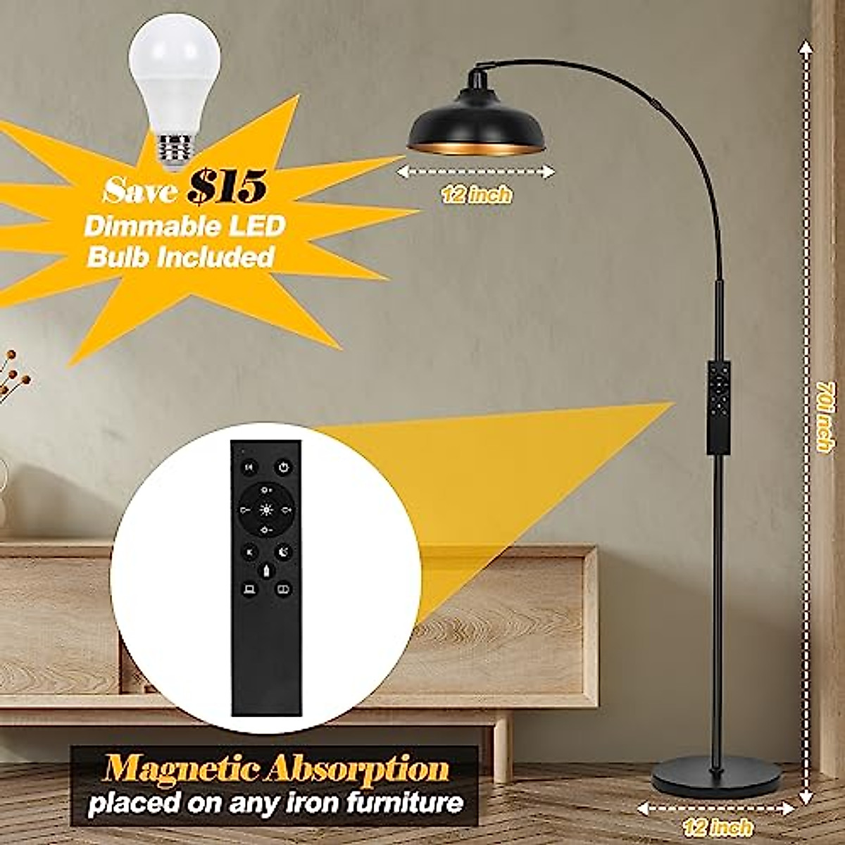 Arch Floor Lamps with Remote - Dimmable Floor Lamp 70”, Black Tall Lamp with 360° Adjustable Hanging Metal Shade, Arc Lamps Floor Standing with 9W Bulb, Over Couch Lamps for Living Room, Foot Switch