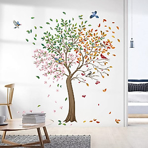 wondever Colorful Large Tree Wall Stickers Tree with Flower Birds Peel and Stick Wall Art Decals for Living Room Bedroom TV Wall (H: 63inch)