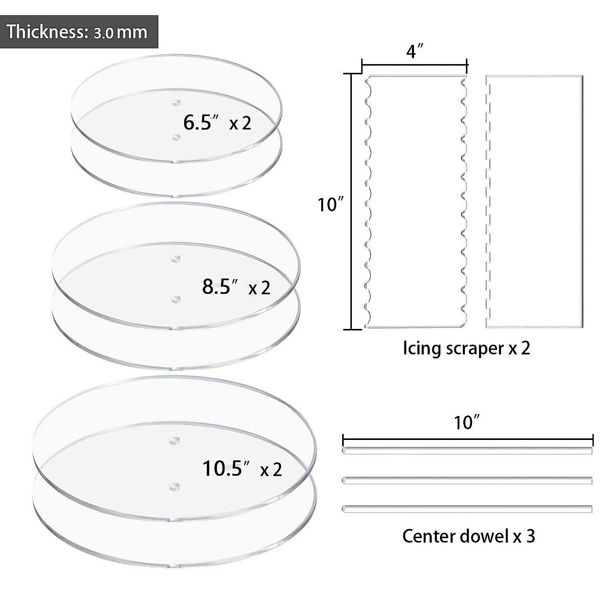 Boyun Acrylic Round Cake Disk Set,Acrylic Cake Discs Set,Comb Scrapers,Dowel Rods,Icing Scraper,Acrylic Scraper Smoother for 3 Tier Cakes (6.5" + 8.5" + 10.5")