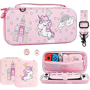 RHOTALL Case Compatible with Nintendo Switch & Switch OLED, Carrying Case with Game Case, Shoulder Strap, Cute Protective Hard Portable Travel Shell Pouch for Switch Accessories (for Pink)