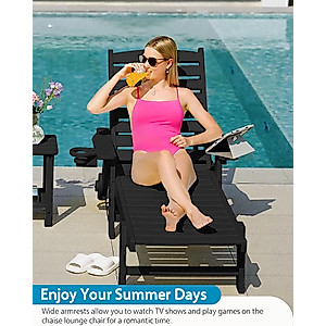 Serique Chaise Lounge Chair Outdoor with Wheels, Oversize Patio Lounge Chair with Wood Texture, 5-Position Plastic Lounge Chair for Poolside, Patio, Deck, Beach(Black)