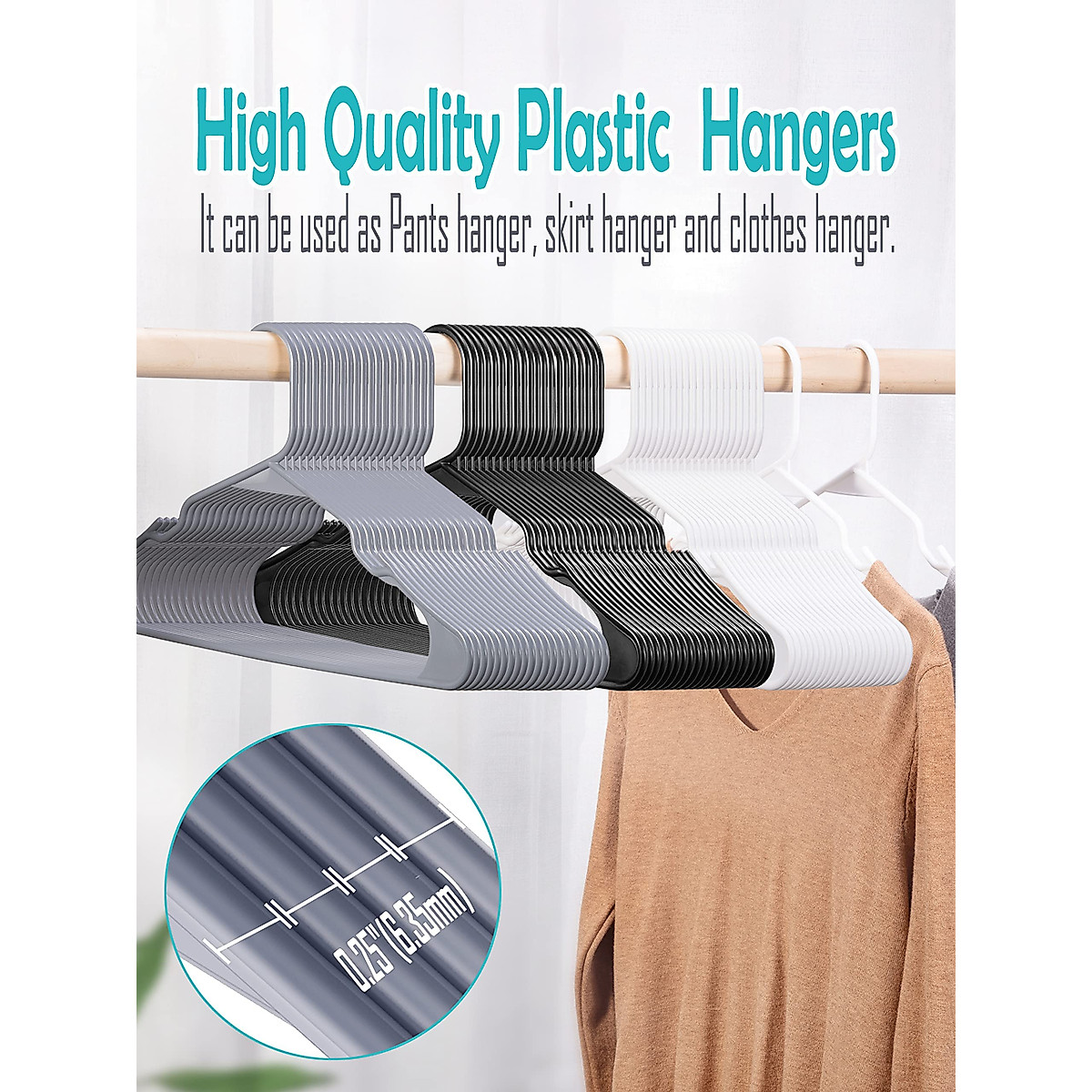 Smartor Plastic Hangers 60 Pack, Tubular Plastic Hangers, Space Saving Clothes Hangers Plastic, Slim Plastic Hanger Shirt Hangers for Clothes, Polo Shirts, Blouses and Short - White