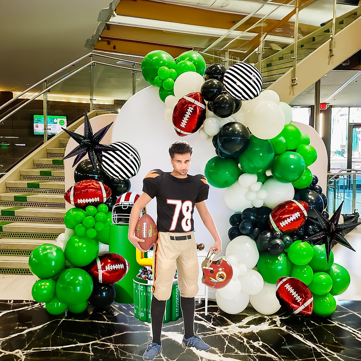 Football Balloon Garland Arch Kit 118 Pcs Green Black and White with Starburst mylar Balloons for Sports Theme Baby Shower Birthday The Big Game Party Supplies Decoration