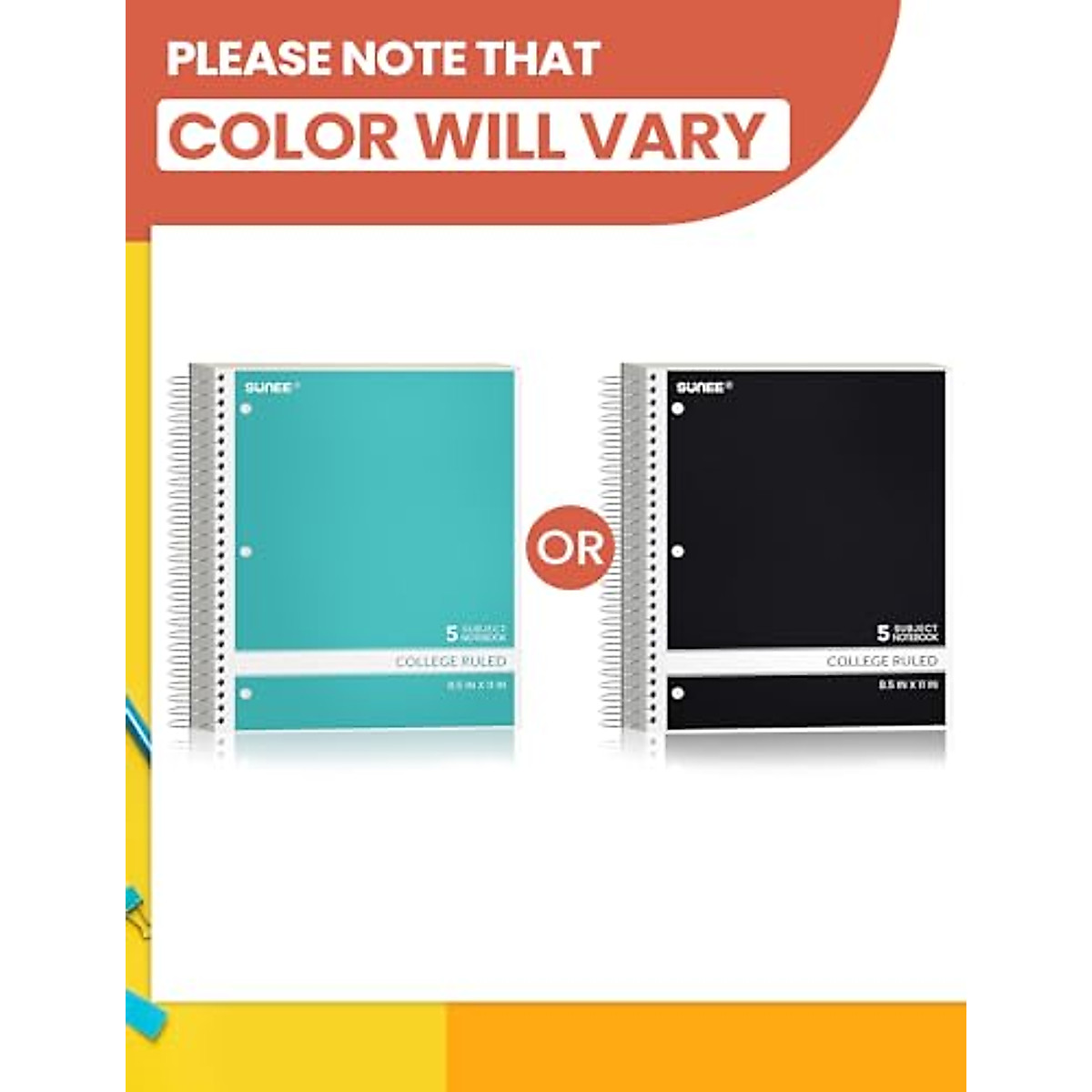 SUNEE Color Will Vary 5 Subject Notebook College Ruled - 200 Sheets, 8.5"x11", 4 Pocket Dividers, 3-Hole Punched Paper