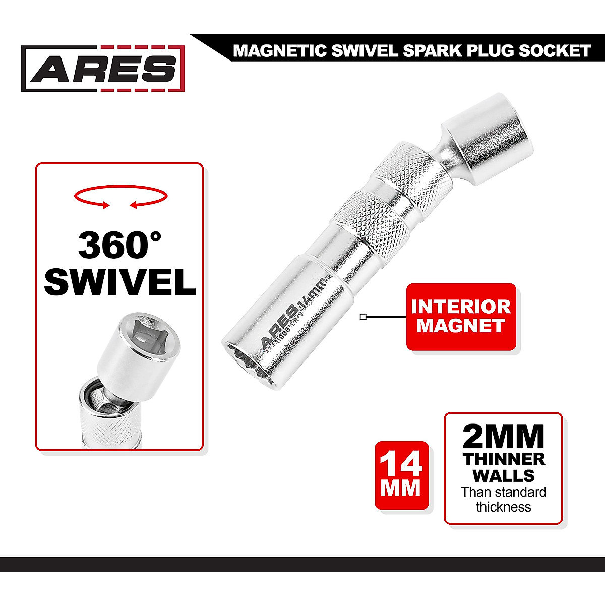 ARES 11000-14mm Thin Wall Magnetic Swivel Spark Plug Socket - 3/8-Inch Drive 12-Point Spark Plug Socket - Walls 2mm Thinner Than Standard Spark Plug Sockets