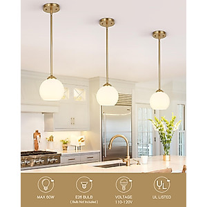 Emak 7 Inch Globe Pendant Lights, Modern Gold Pendant Light Fixtures, 1 Light Hanging Lights with Milk Glass Shade for Kitchen Island, Bathroom, Dining Room, Bedroom, PL119-GD-ML