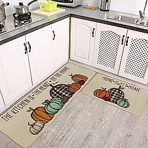 GEEORY Fall Kitchen Mats, Set of 2 Pumpkins Buffalo Plaid Check Floor Mat Farmhouse Party Seasonal Holiday Decorations 17x29 and 17x47 Inch (Black and White) GK067