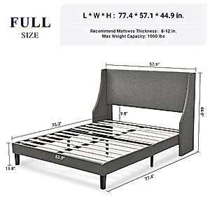 Allewie Full Size Bed Frame, Platform Bed Frame with Upholstered Headboard, Modern Deluxe Wingback, Wood Slat Support, Mattress Foundation, Light Grey