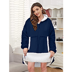 Lushforest Blanket hoodie, Oversized Wearable Blanket Hoodie Adult, Sherpa Fleece Hoodie Blanket Sweatshirt Throw with Zip for Women Men Dark Blue