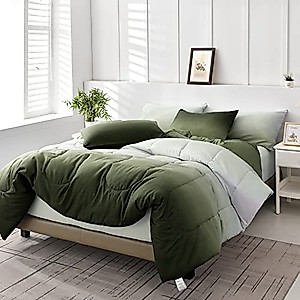 7 Pieces Gradient Olive Green Comforter Set Queen - Lightweight Green Bed in a Bag Queen Size Set, All Season Down Alternative Complete Bedding Set with Flat/Fitted Sheet, Pillowcases and Pillow Shams