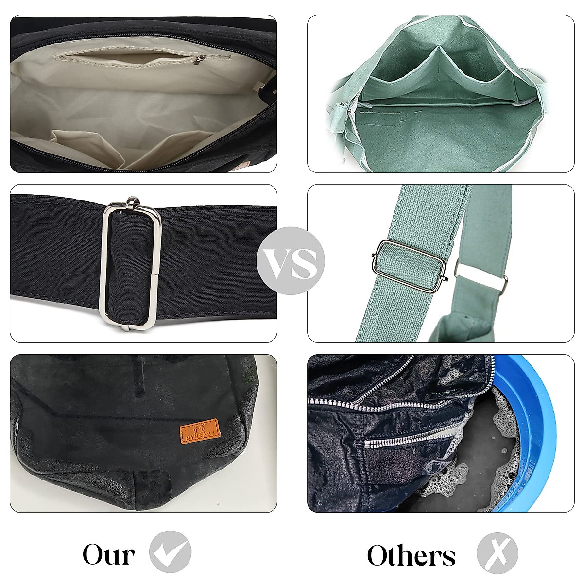 MYHOZEE Canvas Tote Bag for Women Men - Large Crossbody Bag Purse Messenger Bag with Zipper - Multiple Pockets Aesthetic Hobo Bag Casual Side Bag for Travel - Black