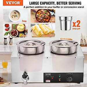 VEVOR Electric Soup Warmer, Dual 7.4QT Stainless Steel Round Pot 86~185°F Adjustable Temp, 1200W Commercial Bain Marie with Anti-Dry Burn and Reset Button, Soup Station for Restaurant, Buffet, Silver