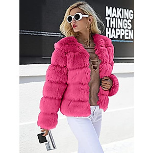 Simplee Women's Luxury Winter Warm Faux Fur Short Coat Fluffy Furry Jacket Parka Outwear for Wedding Party(XL Rose Red)
