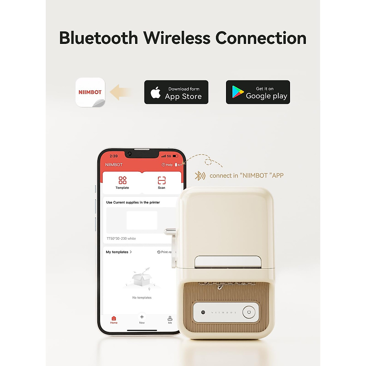 NIIMBOT B21 Label Maker, Thermal Label Printer, Portable Inkless Label Makers for Home/Office/Business, with 1 Pack 50x30mm White Label, Compatible with iOS & Android, (White)