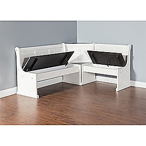 Pemberly Row Farmhouse Wood Kitchen Corner Breakfast Dining Nook Set with Hidden Storage in Off White Dark Brown