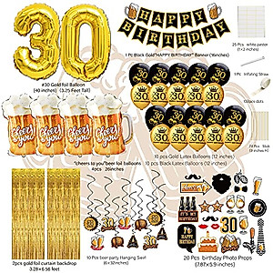 30th birthday decorations for him men - (60pcs) black gold party Banner, 40 Inch Gold Number Balloons,30th Sign Latex Balloon,Fringe Curtains and cheers to you Foil Balloons,Hanging Swirl,photo props