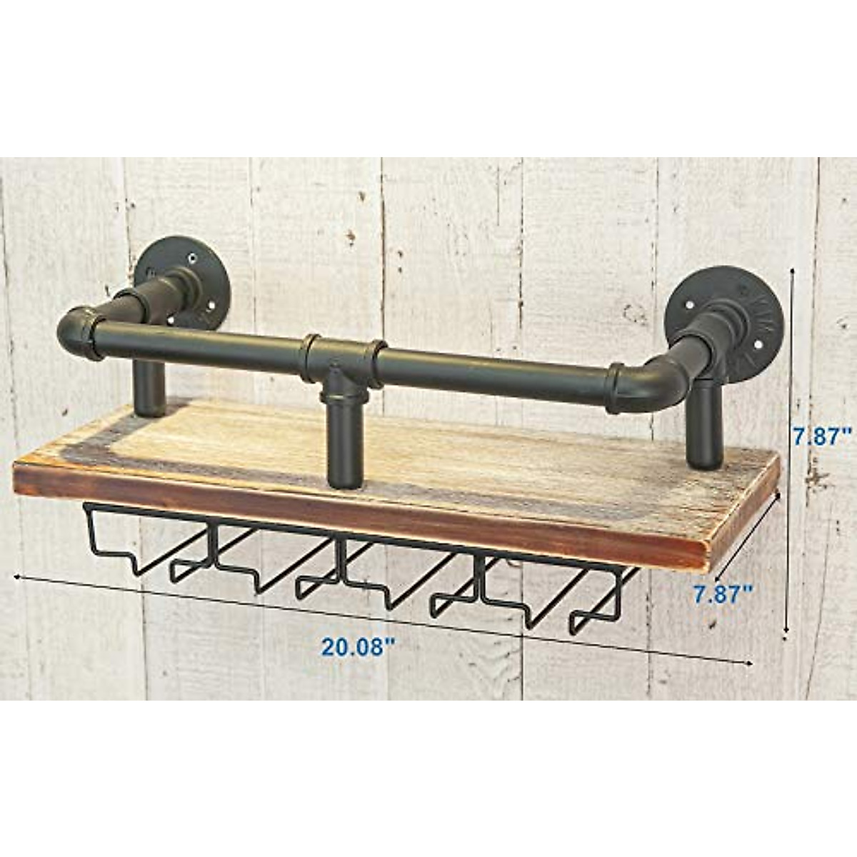 Industrial Wall Mounted Wine Rack, Wine Bottle Stemware Glass Rack, Floating Shelf Pipe Hanging Shelving with Glass Holders for Wine Glasses, Flutes, Mugs, Kitchen, Bar, (Retro Brown And Black)