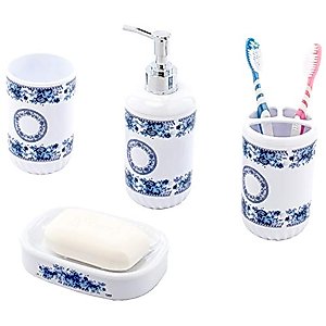 Basicwise 4 Piece Bathroom Accessory Set - Includes Soap Dispenser, Toothbrush Holder, Tumbler, and Soap Dish (White)