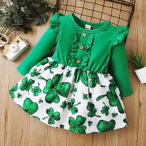 Toddler Baby Girl St. Patrick's Day Dress Ruffle Long Sleeve Top Lucky Clover Print Skirt Outfits (Green-, 18-24 Months)