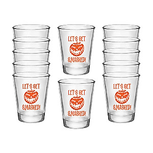 Let's Get Smashed Halloween Shot Glasses - Set of 12 Glass Decor Cups, Double Sided Print - Clear Decorative Drinking Glassware for Tequila, Vodka, Liquor Drinks - Barware for Themed Party (Orange)