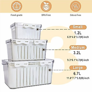 Rhewatin 3pc Fruit Storage Containers for Fridge with Time Keeper, Partitioned Vegetable Storage Containers for Refrigerator with Removable Colander and Divider, Airtight Lettuce Keeper, White