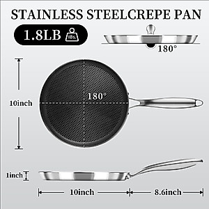Innerwell Nonstick Crepe Pan 10 inch Stainless Steel Crepe Pan Honeycomb Coating Flat Skillet Tawa Dosa Tortilla Pan,Omelet Pan with All Stove Tops Available, Induction Compatible