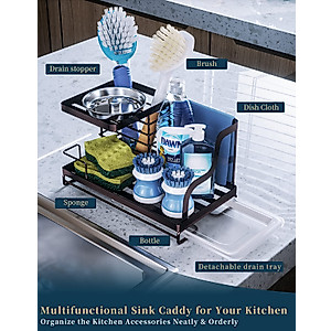 Consumest Sink Caddy Kitchen Sink Organizer, SUS304 Stainless Steel Sponge Holder for Kitchen Sink, Double-Layer Soap Sponge and Brush Holder with Removable Drain Tray, Bronze