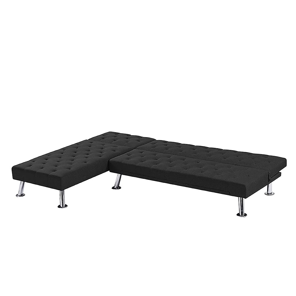 Modern Fabric Futon Sofa Bed with Convertible Single & Double Seat Futon Beds,L-Shaped Reversible Sectional Couch Sofa Bed with Metal Legs for Home/Living Room/Apartment/Dorm (Black + Fabric)