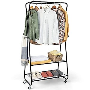 Tangkula Heavy Duty Clothes Rack with Shelves, Double Rod Rolling Garment Rack on Wheels with 4 Hooks, Portable Hanging Clothes Rack for Organizing Clothes and Shoes, Freestanding Clothing Racks